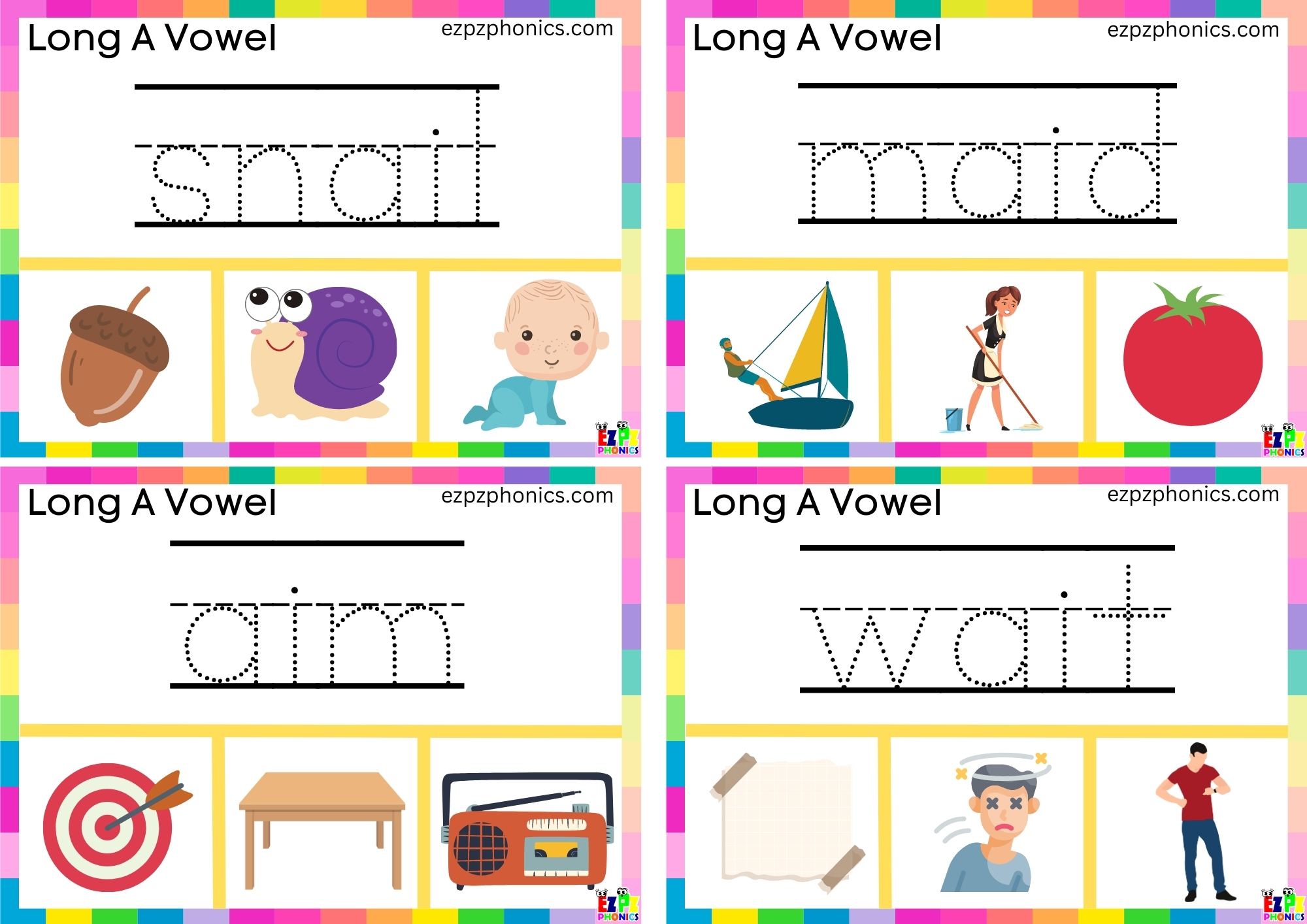 Write the word and clip the image Clip cards for long a vowel ai words group 2 - ezpzphonics.com